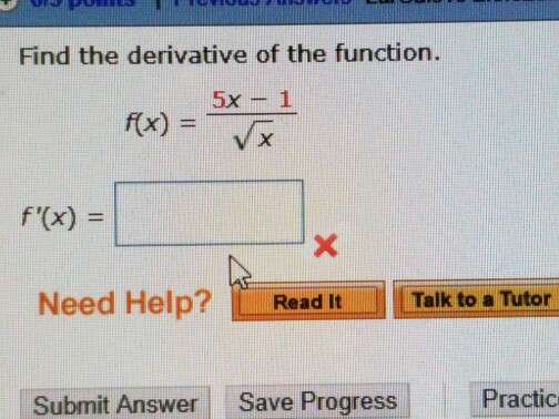 Solved Find the derivative of the function. f(x) = 5x - | Chegg.com