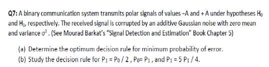 Solved A binary communication system transmits polar signals | Chegg.com