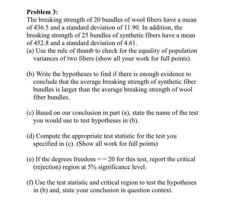 Solved The breaking strength of 20 bundles of wool fibers | Chegg.com
