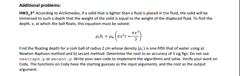 Solved Additional problems: HW3 3 According to Archimedes, | Chegg.com