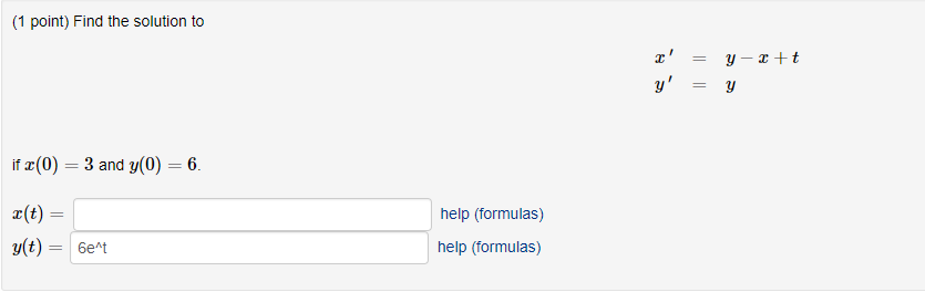 Solved (1 point) Find the solution to z' y-z+t = if z(0) | Chegg.com