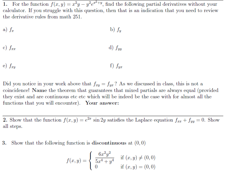 Solved 1. For the function f(x, y) = x^2y-y^2e^x^2+y, find | Chegg.com