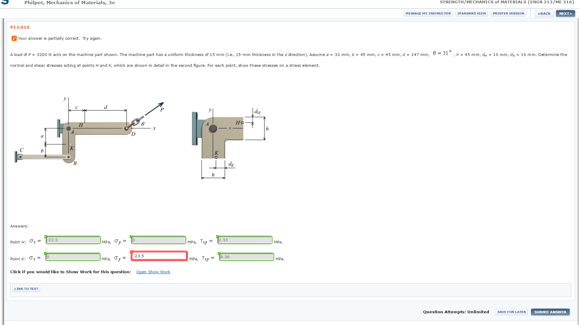 Solved A load of P = 3200 N acts on the machine part shown. | Chegg.com