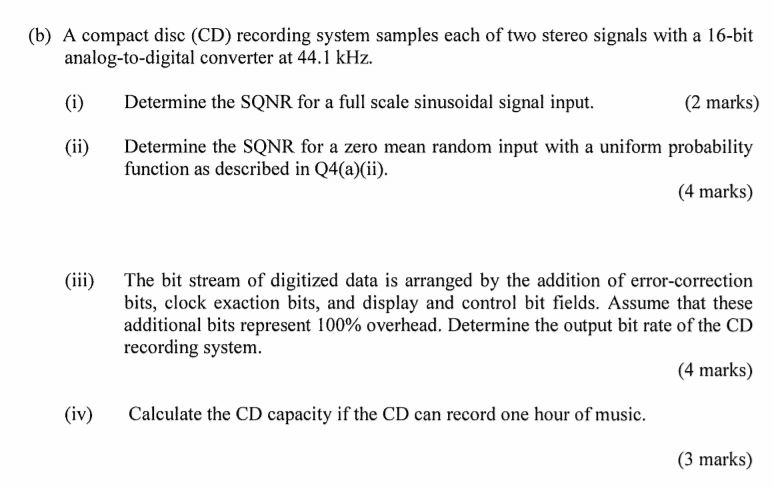 Solved A compact disc (CD) recording system samples each of | Chegg.com