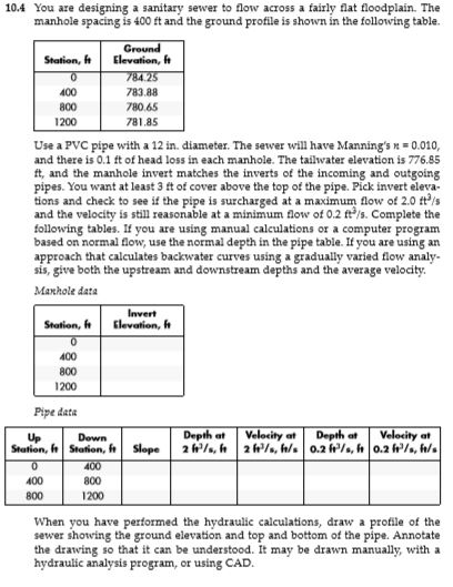 10.4 You aze designing a santary sewer to low across | Chegg.com