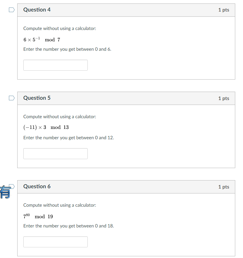 Solved Compute without using a calculator: 6 times 5^-1 mod | Chegg.com