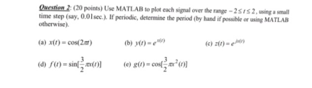 Solved Use Matlab To Plot Each Signal Over The Range 2 4664