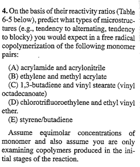 Solved 4. On the basis of their reactivity ratios (Table 6-5 | Chegg.com