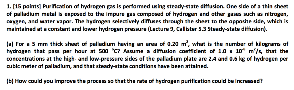 Solved Purification of hydrogen gas is performed using | Chegg.com