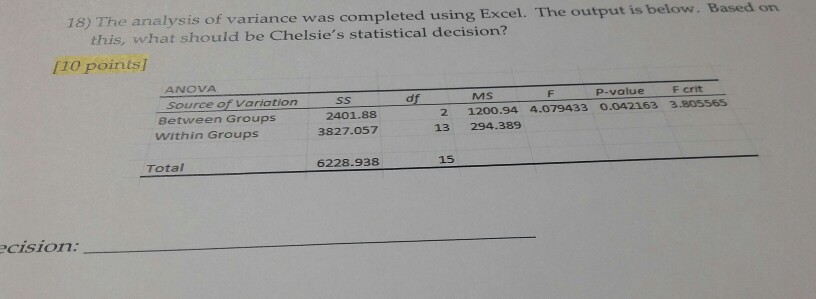 Solved 18) The analysis of variance was completed using | Chegg.com