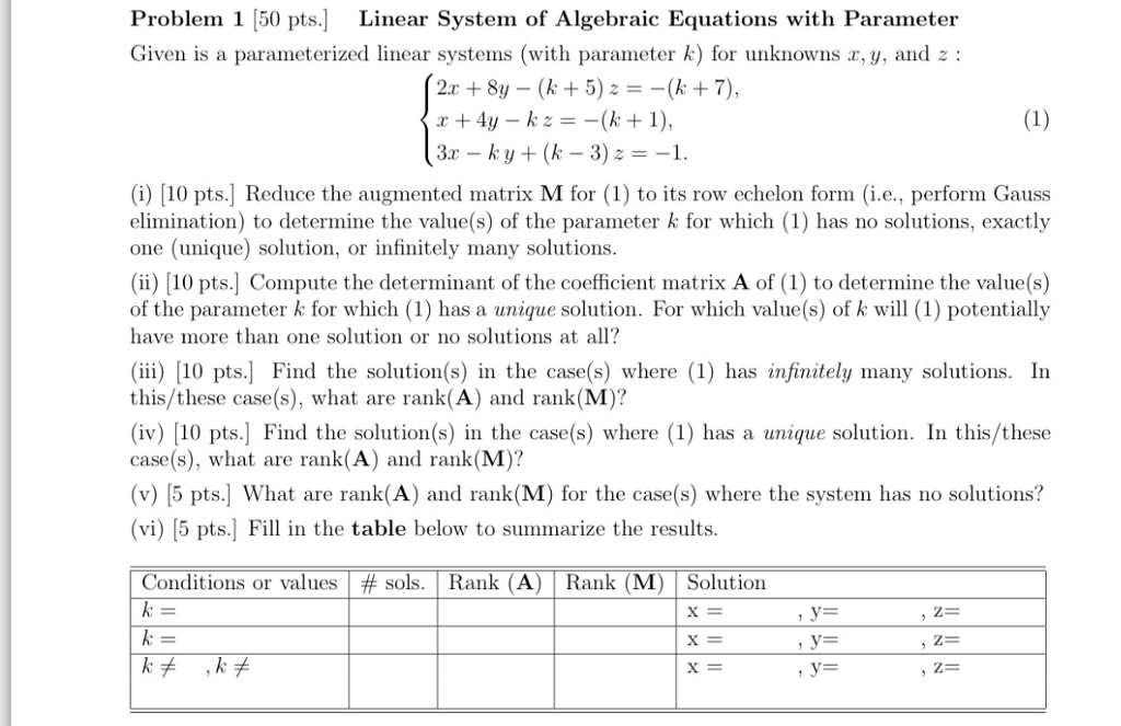 Solved Linear System of Algebraic Equations with Parameter | Chegg.com