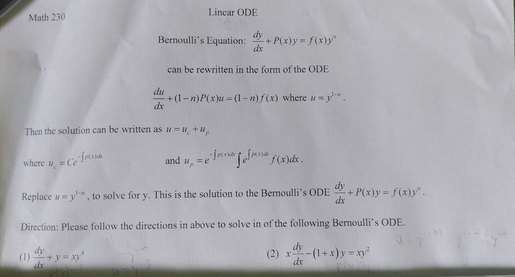 Solved Math 230 Linear ODE Bernoulli's Equation : ay | Chegg.com