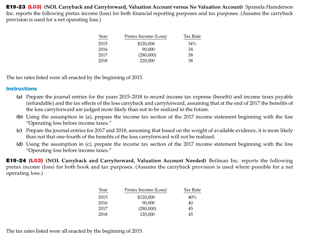 Solved E19-23 (LO3) (NOL Carryback and Carryforward, | Chegg.com