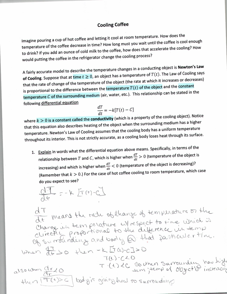 Solved Cooling Coffee Imagine pouring a cup of hot coffee | Chegg.com