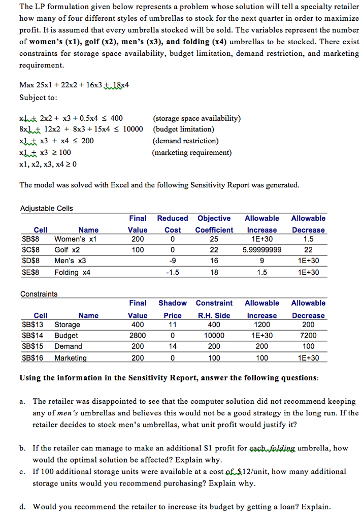 Solved The Lp Formulation Given Below Represents A Problem