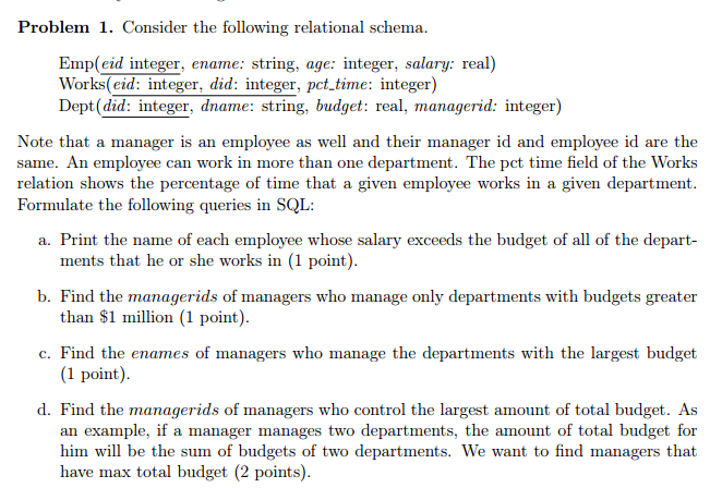 Solved Consider the following relational schema. Emp(eid | Chegg.com