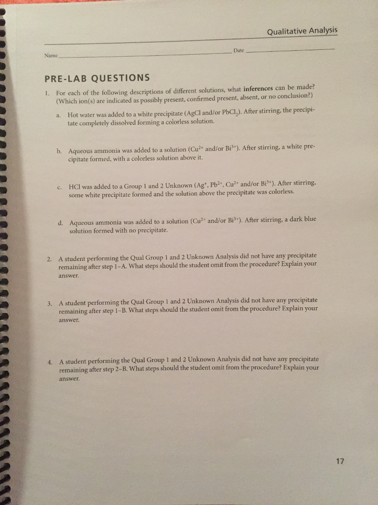 Solved Qualitative Analysis Name Date PRE-LAB QUESTIONS 1. | Chegg.com