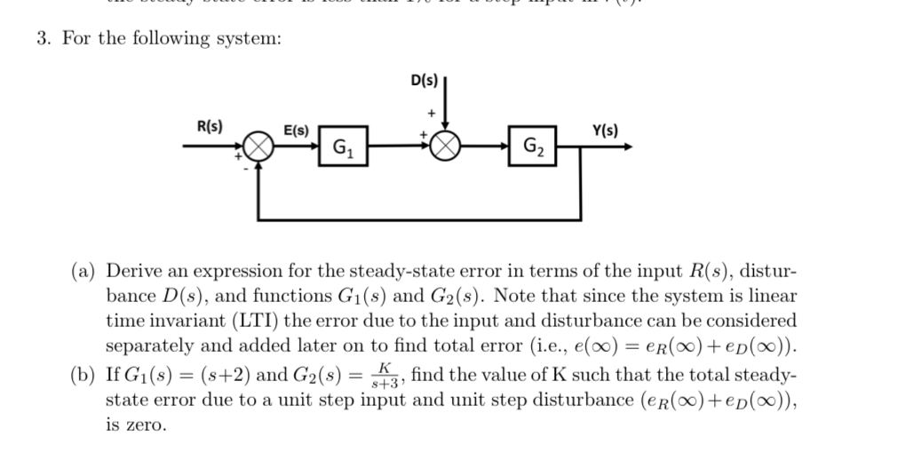 Solved 3. For the following system: D(s) R(s) 1Y(s) G2 G1 | Chegg.com