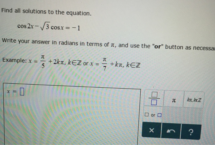 Solved Find all solutions to the equation. cos 2x - square | Chegg.com
