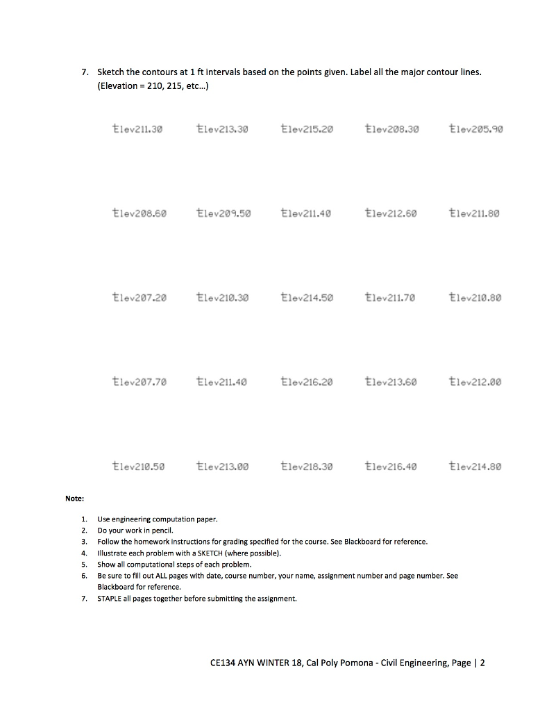 Solved 7. Sketch the contours at 1 ft intervals based on the | Chegg.com