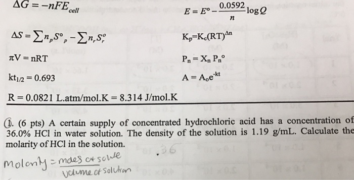 Solved A certain supply of concentrated hydrochloric acid | Chegg.com