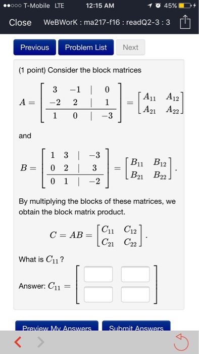 Solved Consider the block matrices A = [3 -1 | 0 -2 2 | | Chegg.com