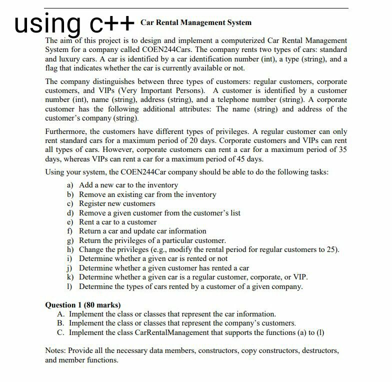 Solved Car Rental Management System The aim of this project | Chegg.com