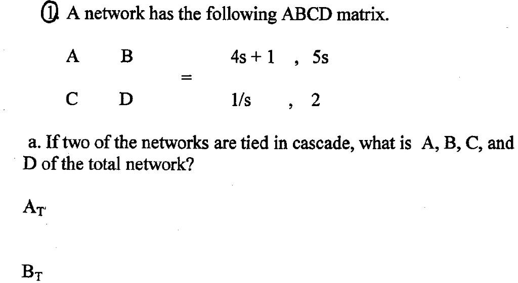Solved (0 A network has the following ABCD matrix. A B 4s+1 | Chegg.com