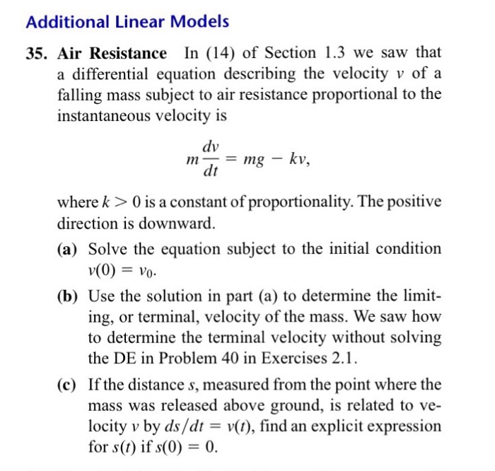 Solved Additional Linear Models 35. Air Resistance In (14) | Chegg.com