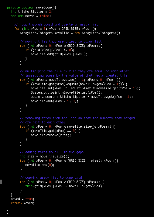 Solved JAVA: Need help with my 2048 game move method! So | Chegg.com