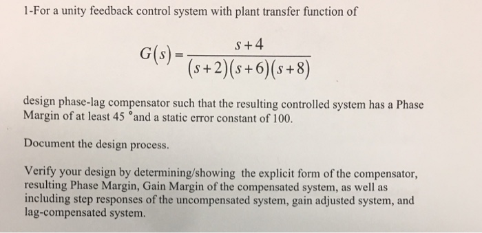 Solved For a unity feedback control system with plant | Chegg.com