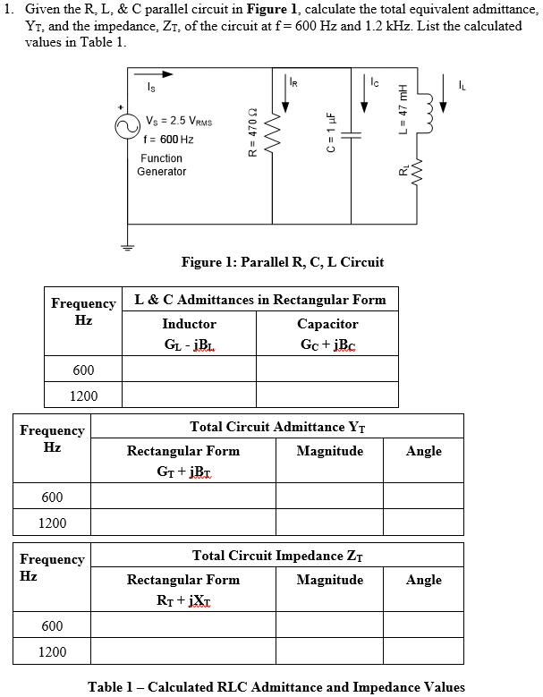 Solved 1. Given the R, L, & C parallel circuit in Figure 1, | Chegg.com