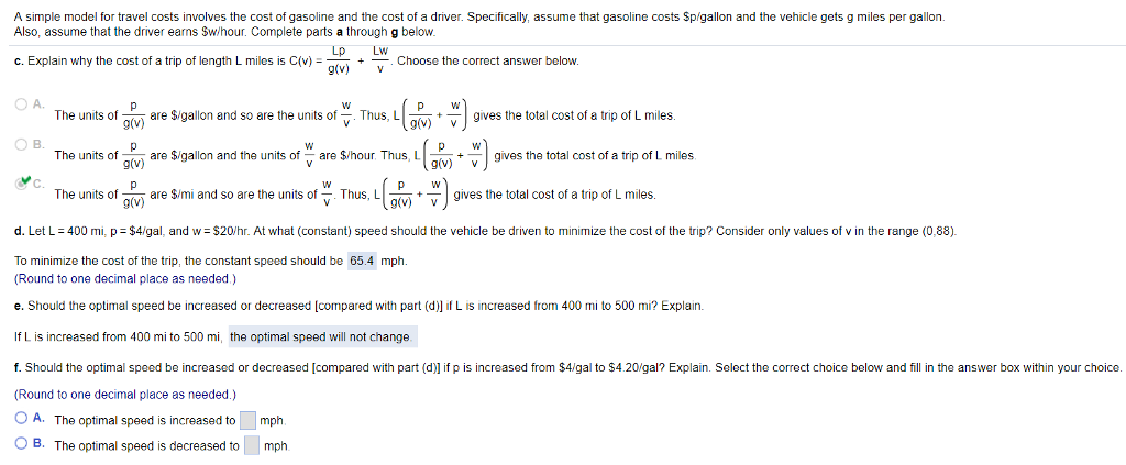 Solved A simple model for travel costs involves the cost of | Chegg.com