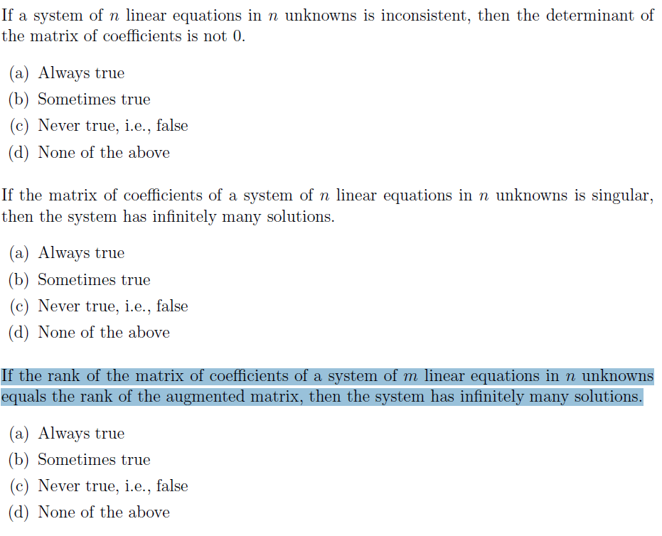 Solved If a system of n linear equations in n unknowns is | Chegg.com
