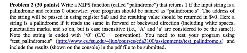 Solved Problem 2 (30 points) Write a MIPS function (called | Chegg.com