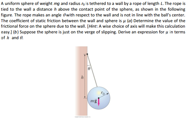 Solved A uniform sphere of weight mg and radius r0 is | Chegg.com