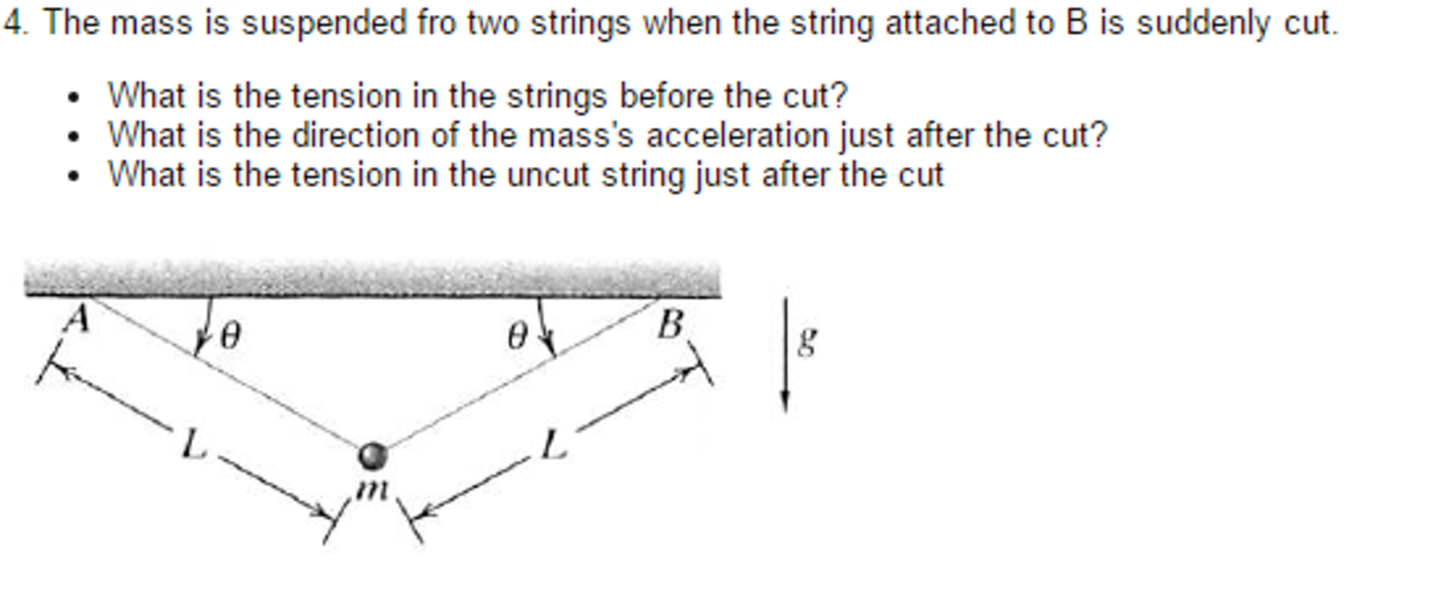 Solved The mass is suspended for two strings when the string | Chegg.com