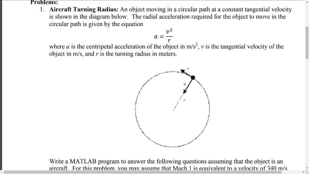 Solved Problems: 1· Aircraft Turning Radius: An object | Chegg.com