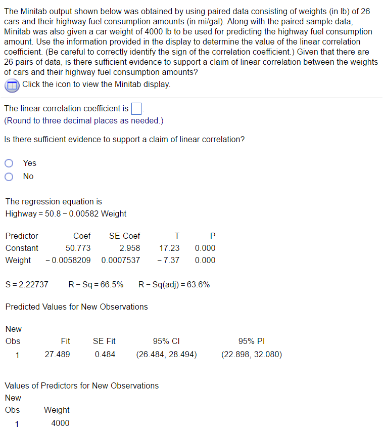 Solved The Minitab output shown below was obtained by using | Chegg.com