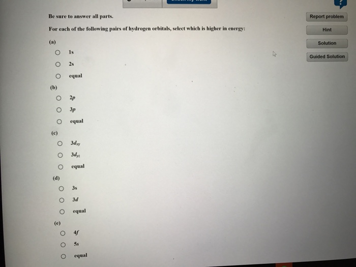 Solved For each of the following pairs of hydrogen orbitals, | Chegg.com