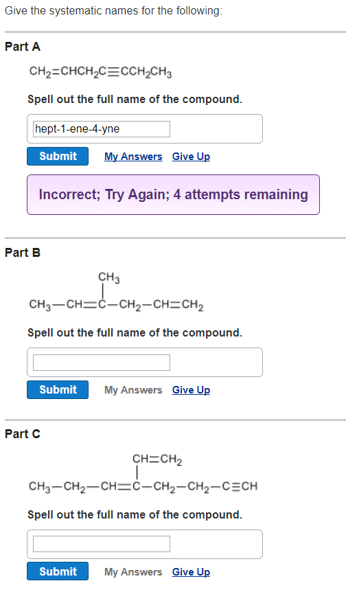 Solved Give the systematic names for the following Part A | Chegg.com