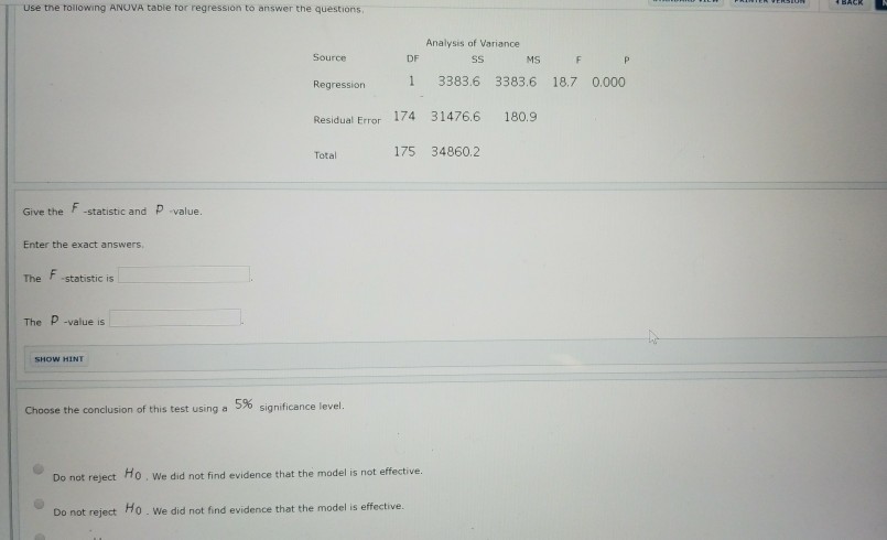 Solved Use the tollowing ANOVA table tor regression to | Chegg.com