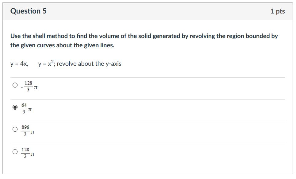 Solved Question 5 1 pts Use the shell method to find the | Chegg.com