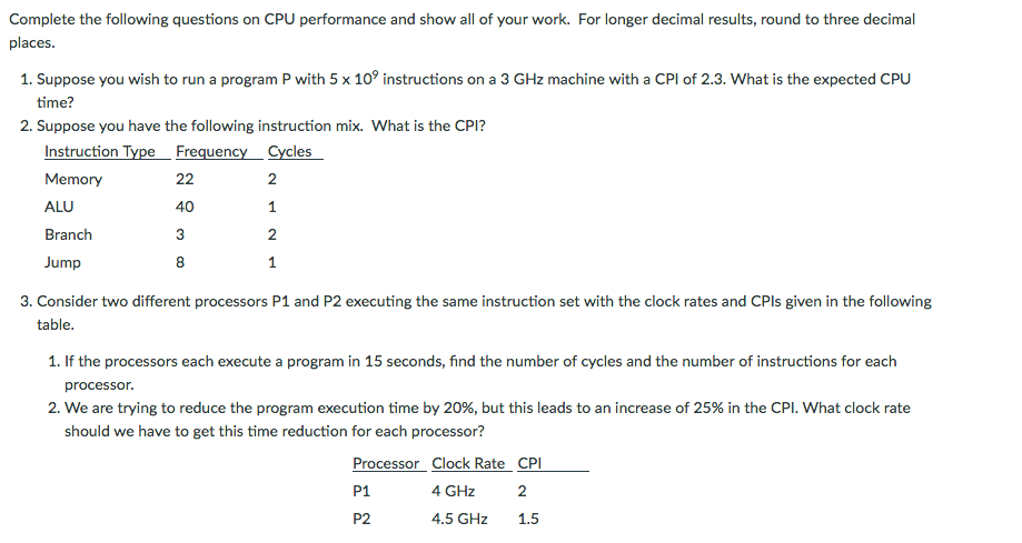 Solved Complete the following questions on CPU performance | Chegg.com