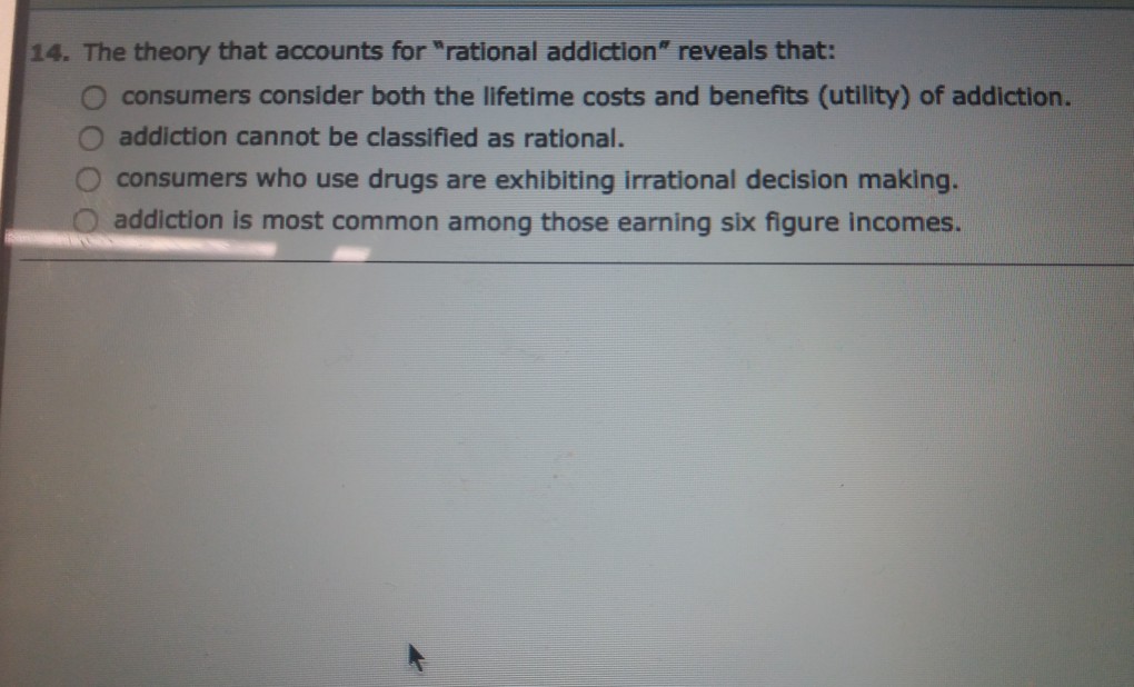 Solved 14. The theory that accounts for "rational addiction" | Chegg.com