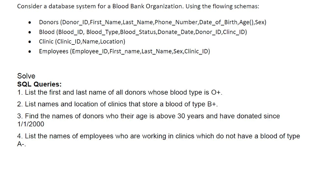 Solved Consider a database system for a Blood Bank | Chegg.com