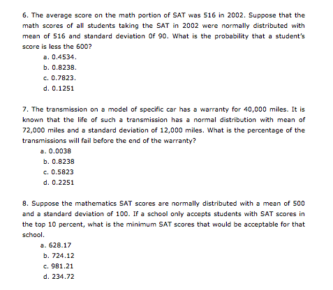 Solved 6. The average score on the math portion of SAT was | Chegg.com