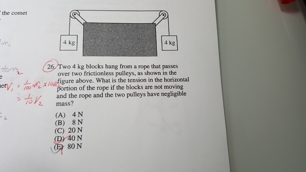 Solved Two 4 kg blocks hang from a rope that passes over | Chegg.com