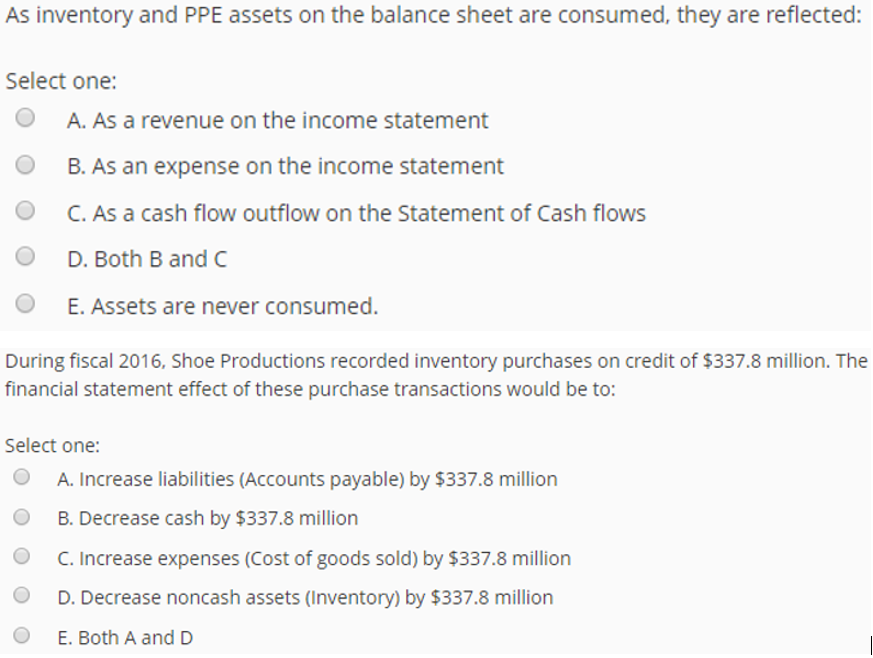 Solved As inventory and PPE assets on the balance sheet are | Chegg.com