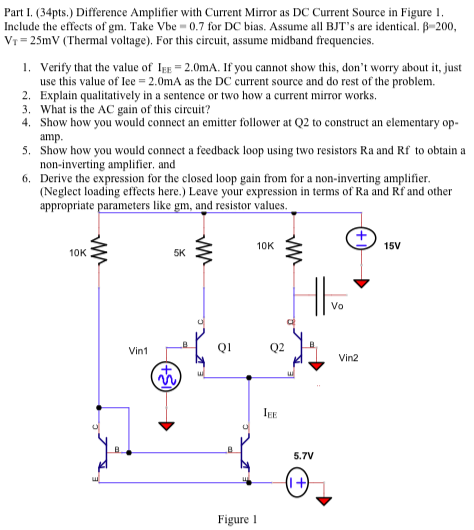 Solved Pa 34pts.) Difference Amplifier with Current Mirror | Chegg.com